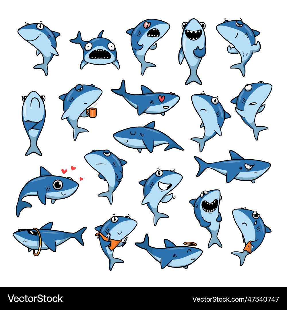 Cute cartoon sharks stickers set Royalty Free Vector Image