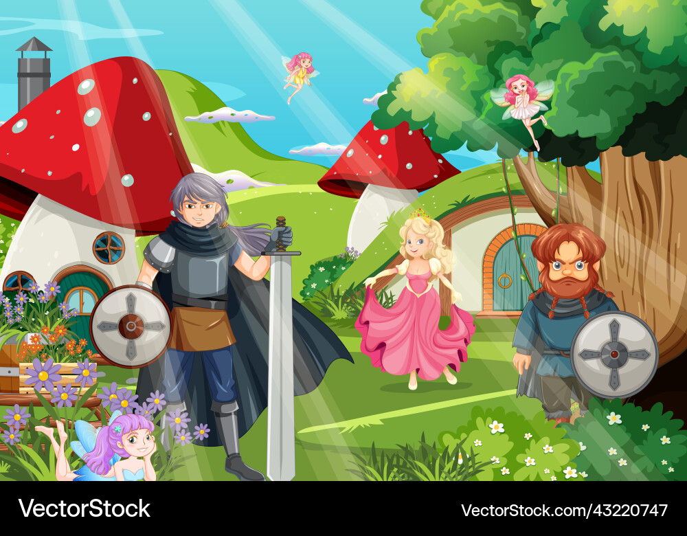 Enchanted scene with medieval cartoon characters Vector Image