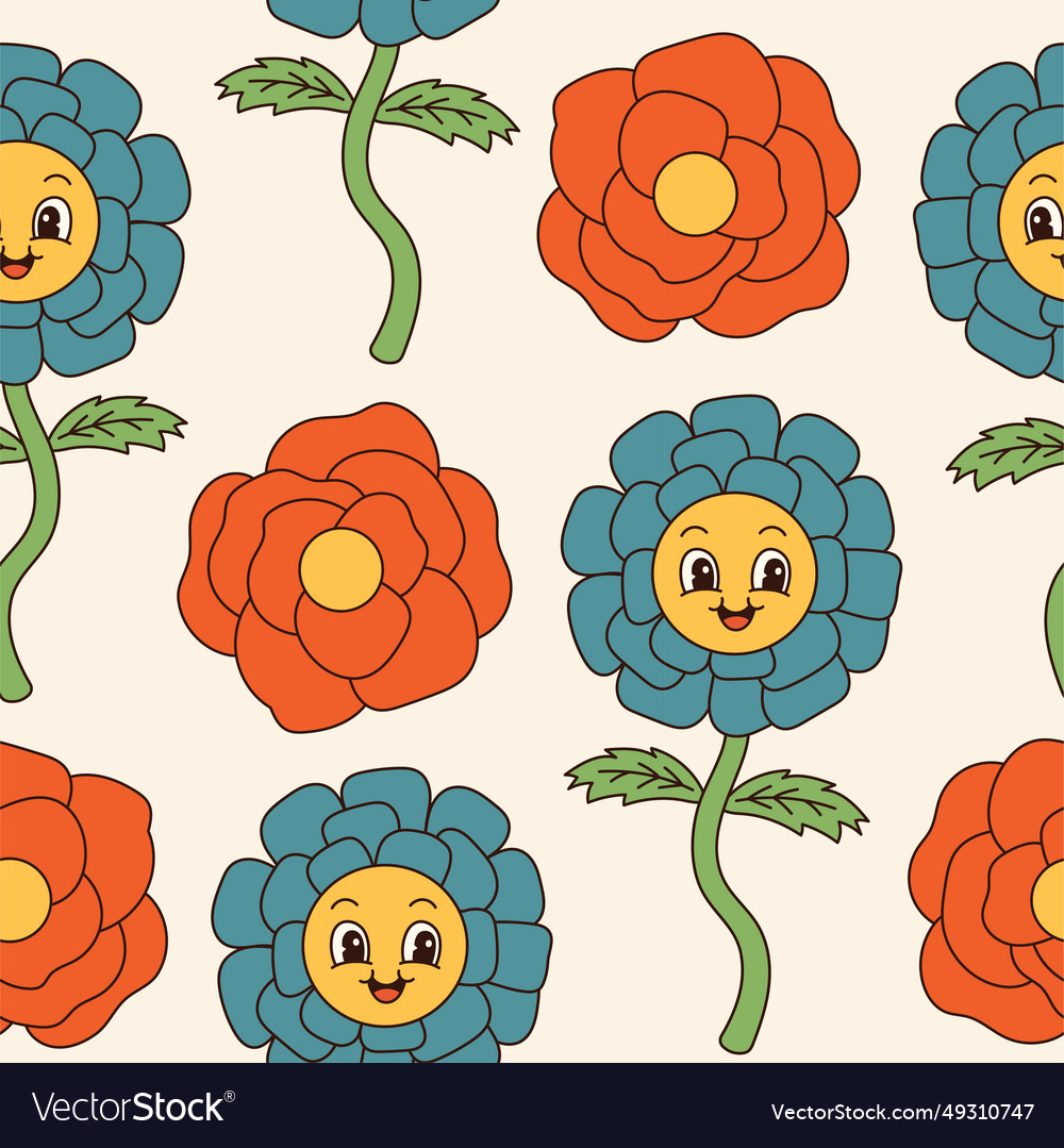 Groovy flowers seamless pattern retro 70s smiling Vector Image Groovy flowers seamless pattern retro 70s smiling Vector Image