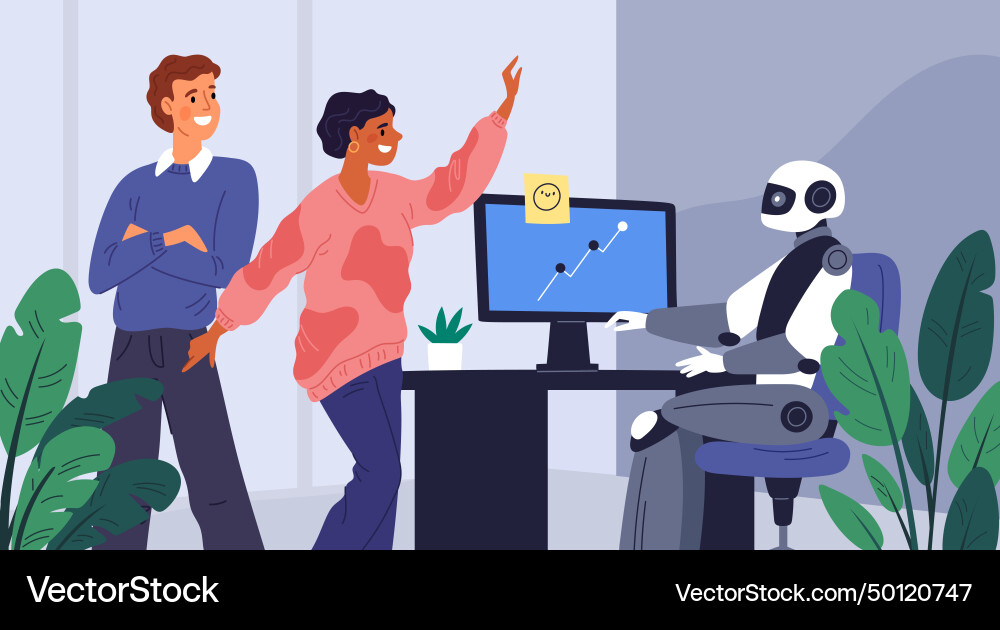 Robot works for people office employees go Vector Image
