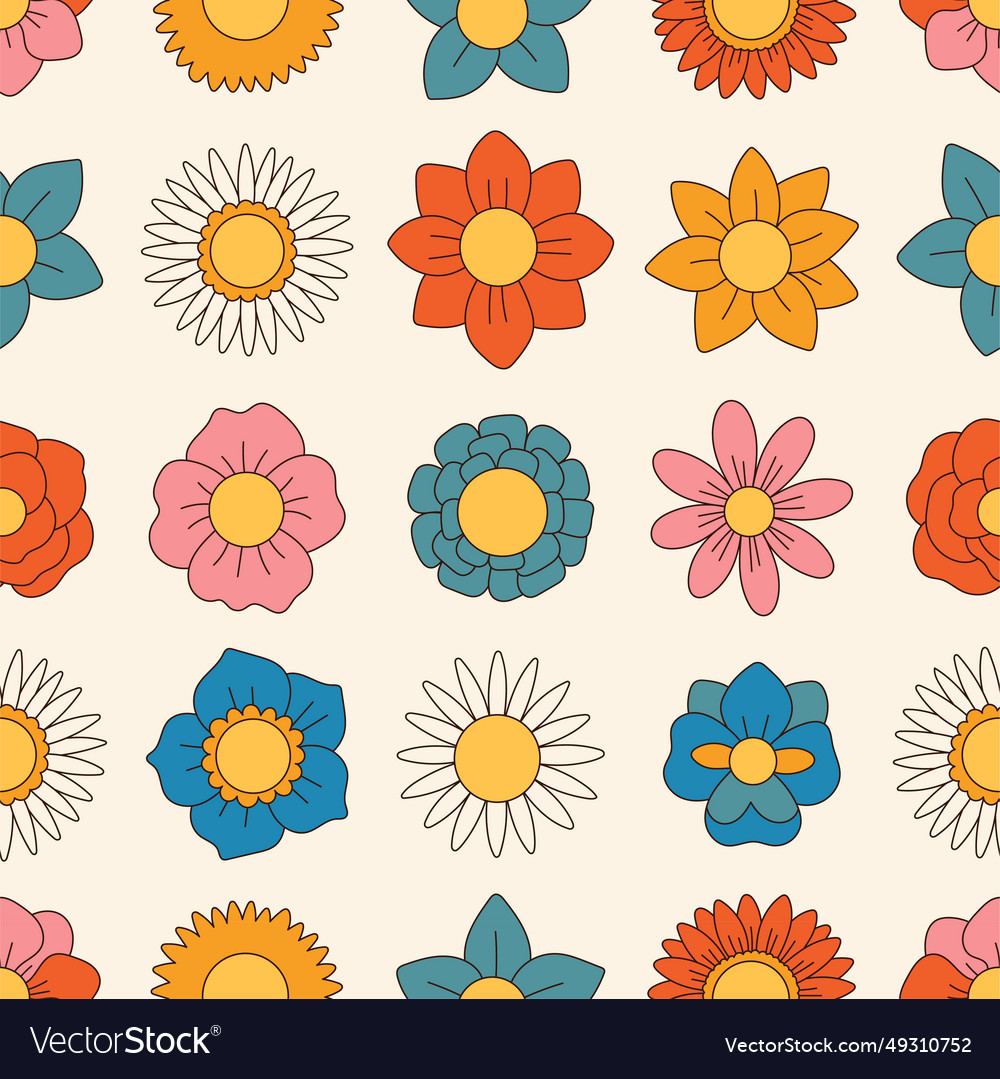 Groovy flowers seamless pattern retro 70s smiling Vector Image Groovy flowers seamless pattern retro 70s smiling Vector Image