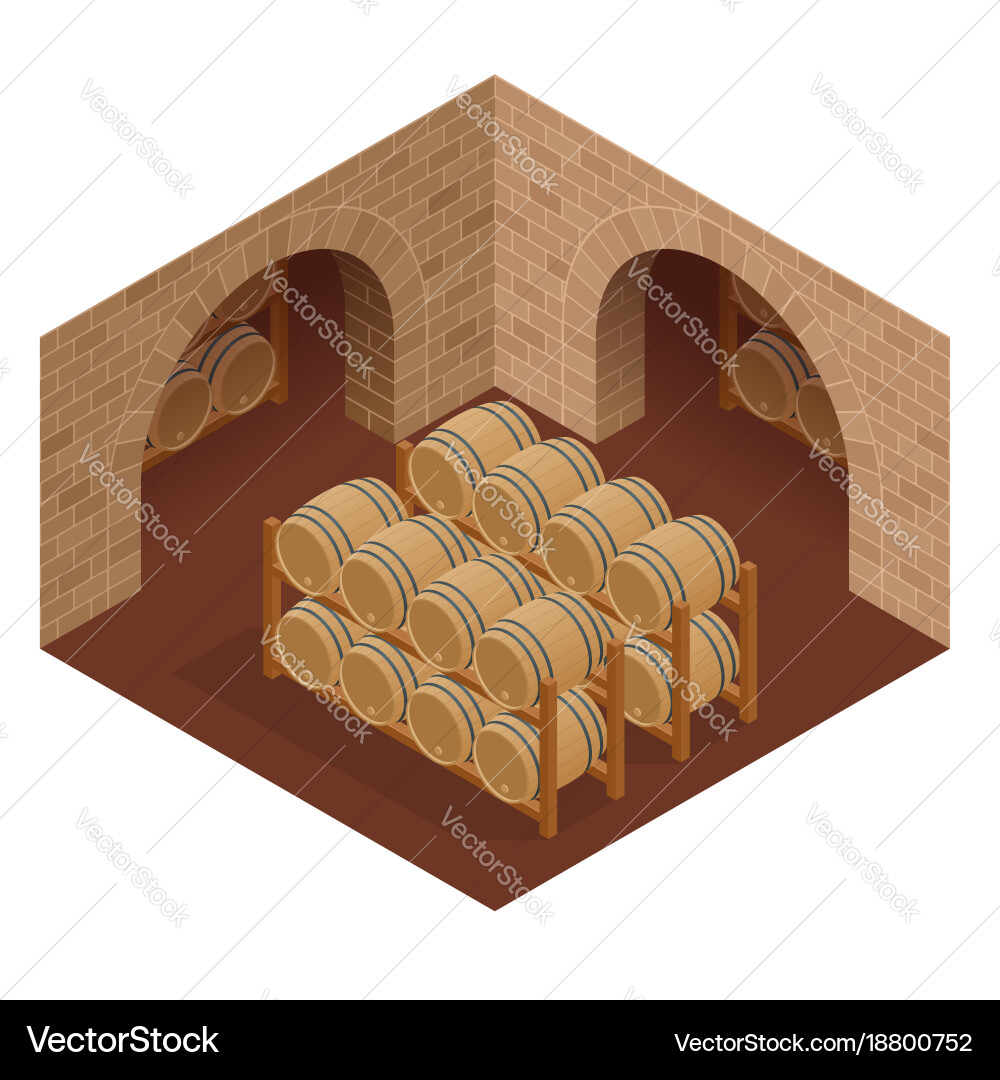 Wine barrels stacked in the old cellar Royalty Free Vector