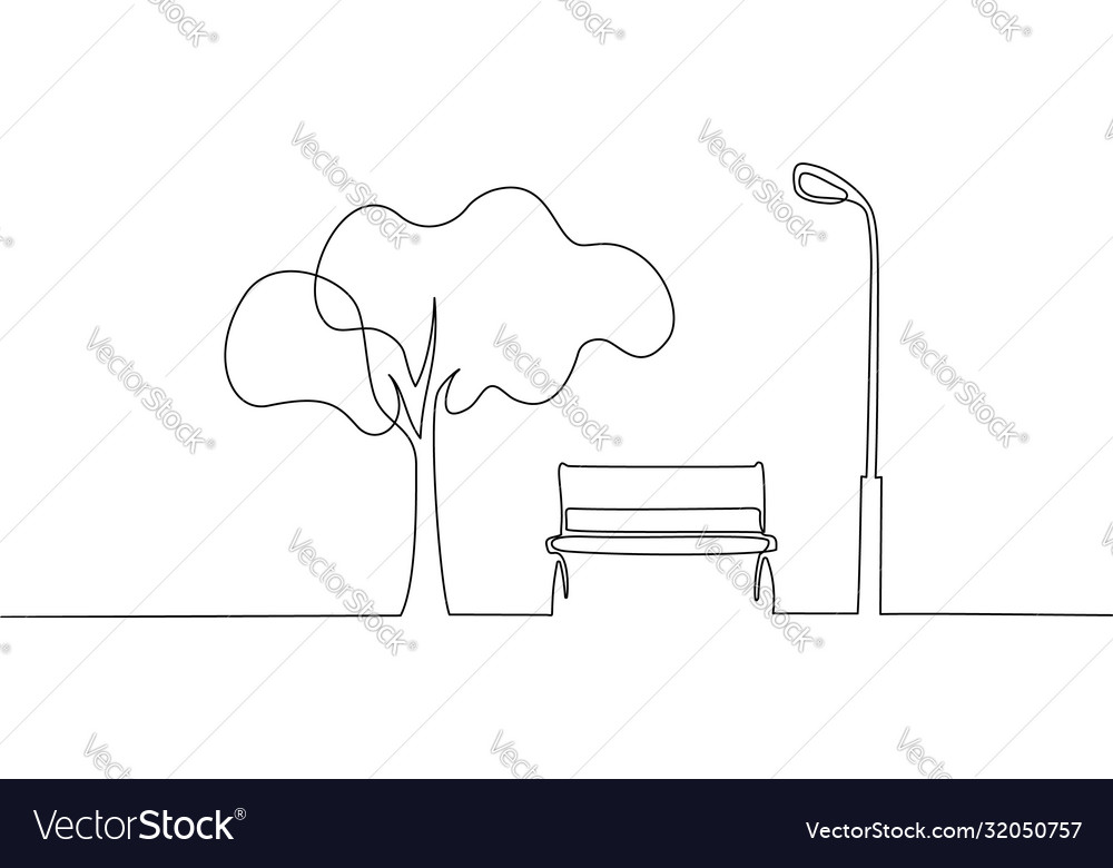 Bench in park near tree and lantern one line Vector Image