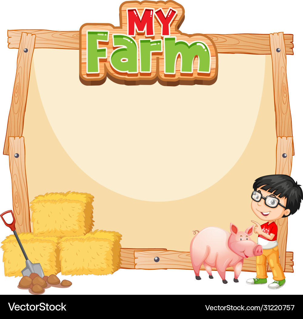 Border template design with little boy and pig Vector Image