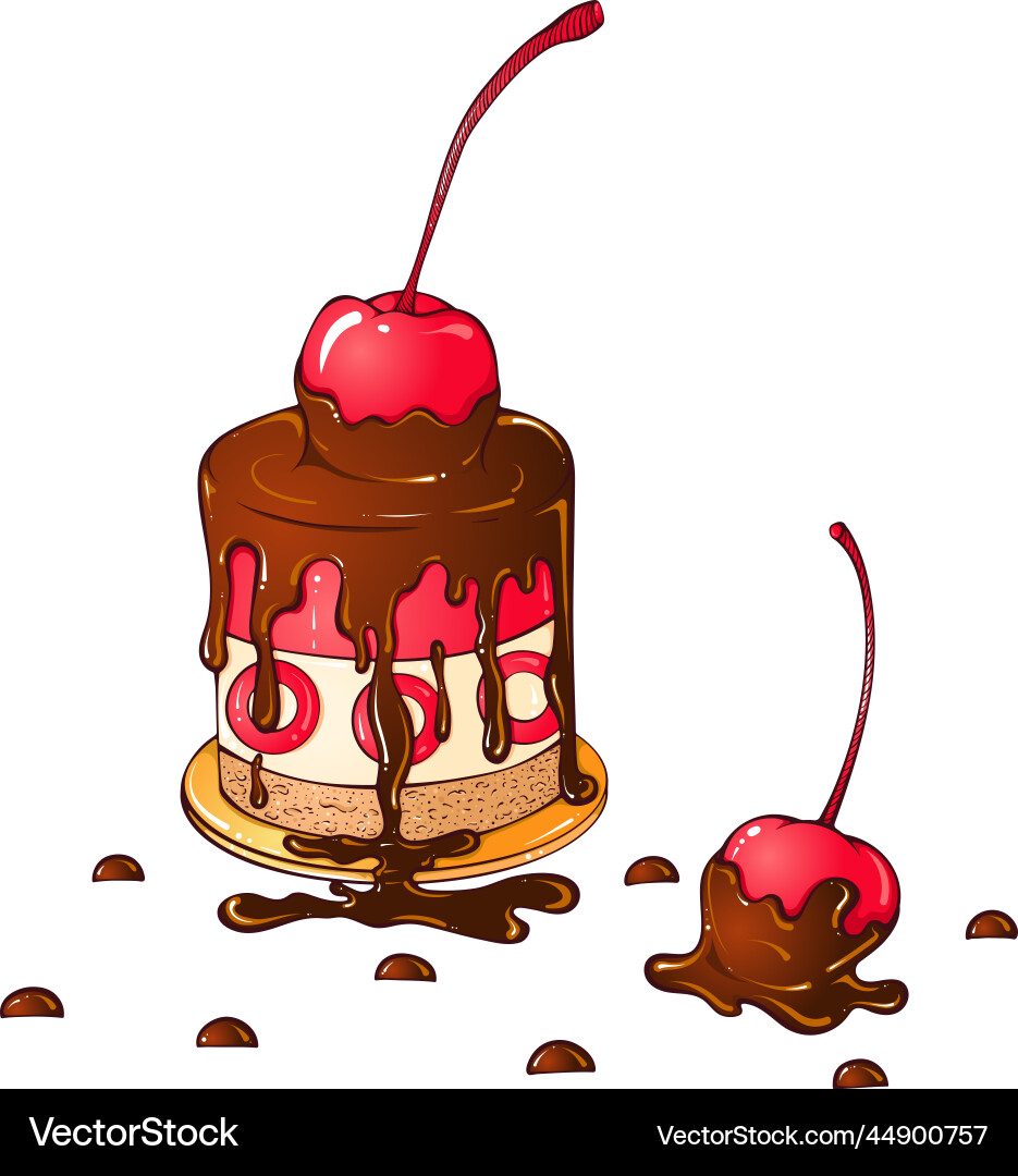 Cherry cake with flowing chocolate color Vector Image