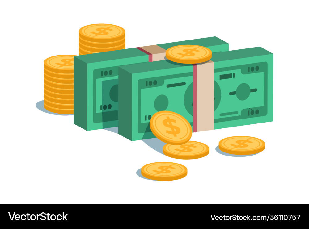 Money gold coins and bundle paper banknotes Vector Image