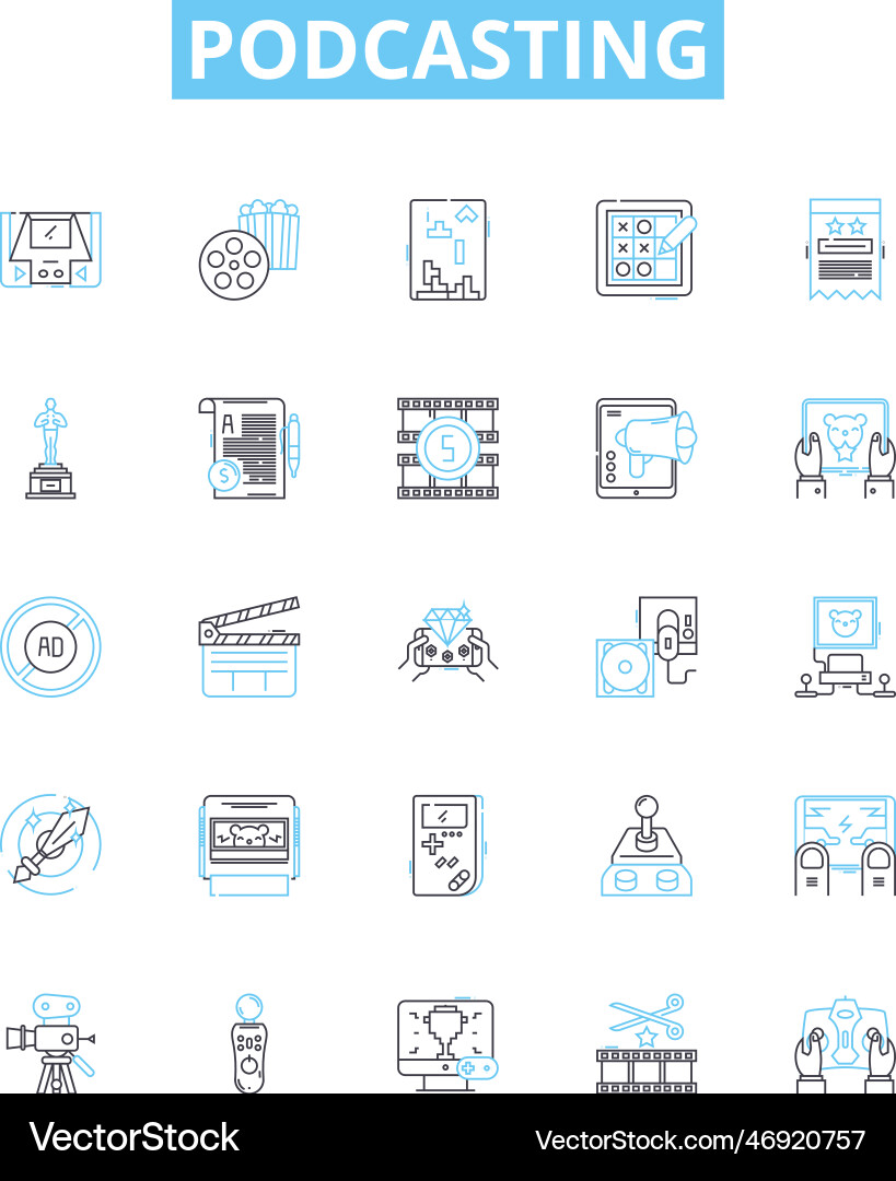 Podcasting line icons set streaming Royalty Free Vector