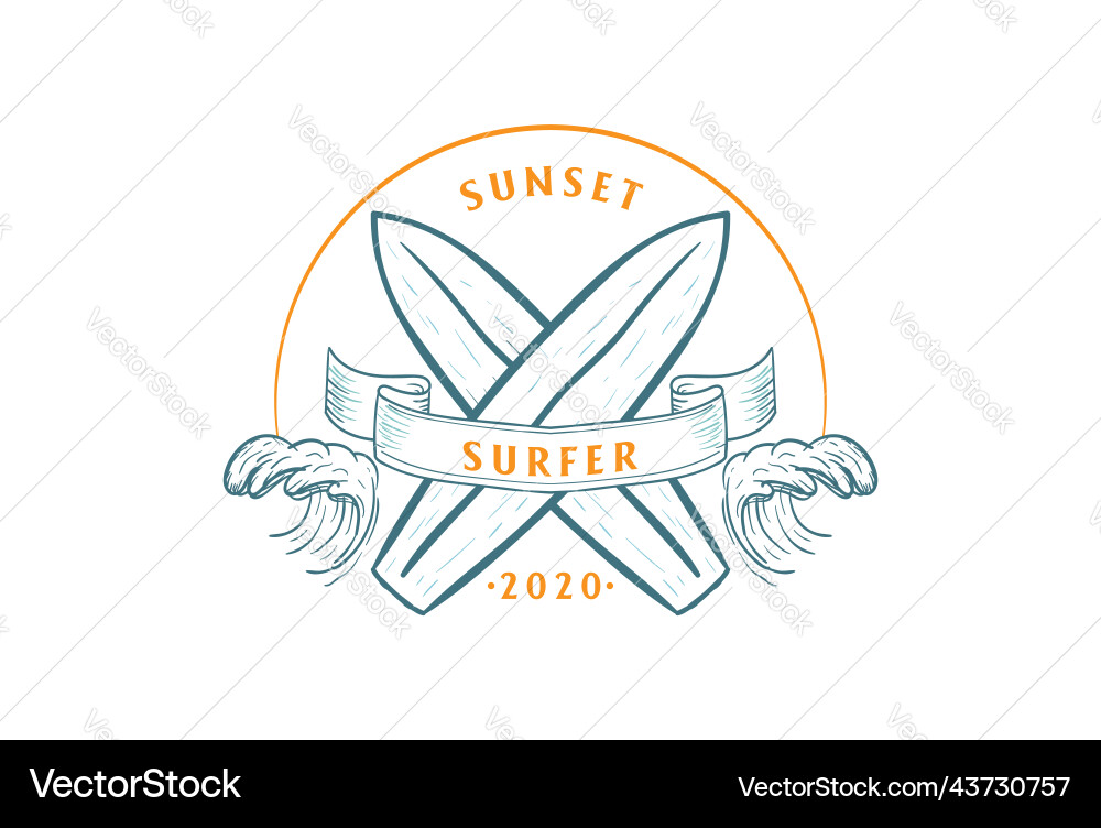 Vintage retro sunset wave with crossed surfboard Vector Image