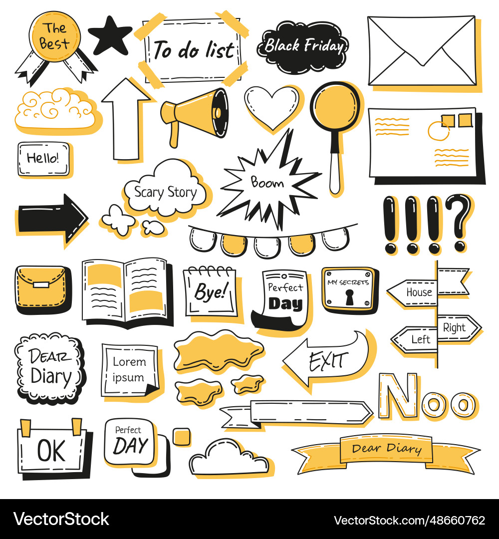 Journal doodle icons set hand drawn banners Vector Image