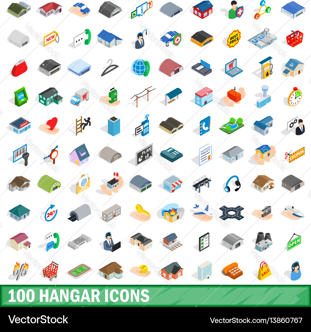 100 hangar icons set isometric 3d style Royalty Free Vector