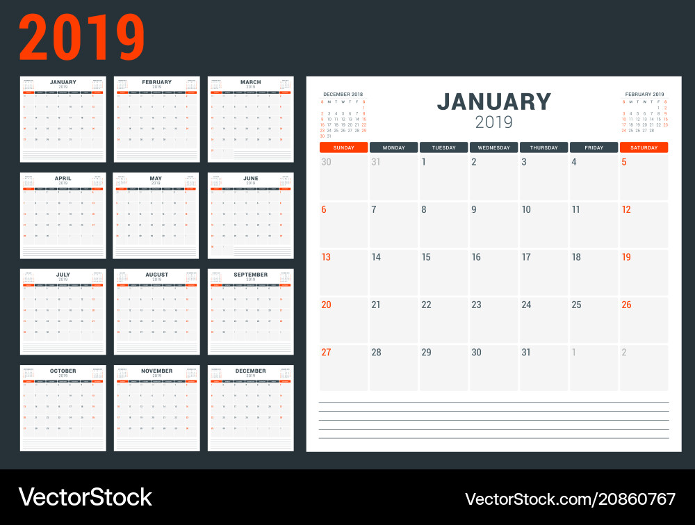 Calendar planner for 2019 year week starts on Vector Image
