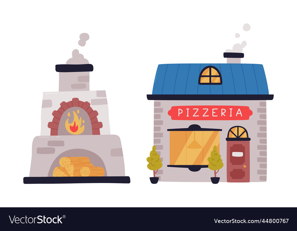 Wood-fired bricked oven with burning fire flame Vector Image