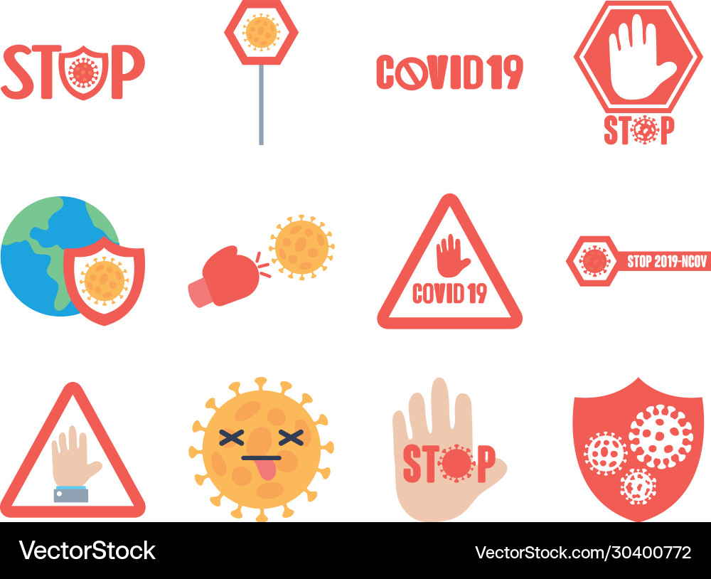 Icon set stop covid19 and signs flat Royalty Free Vector