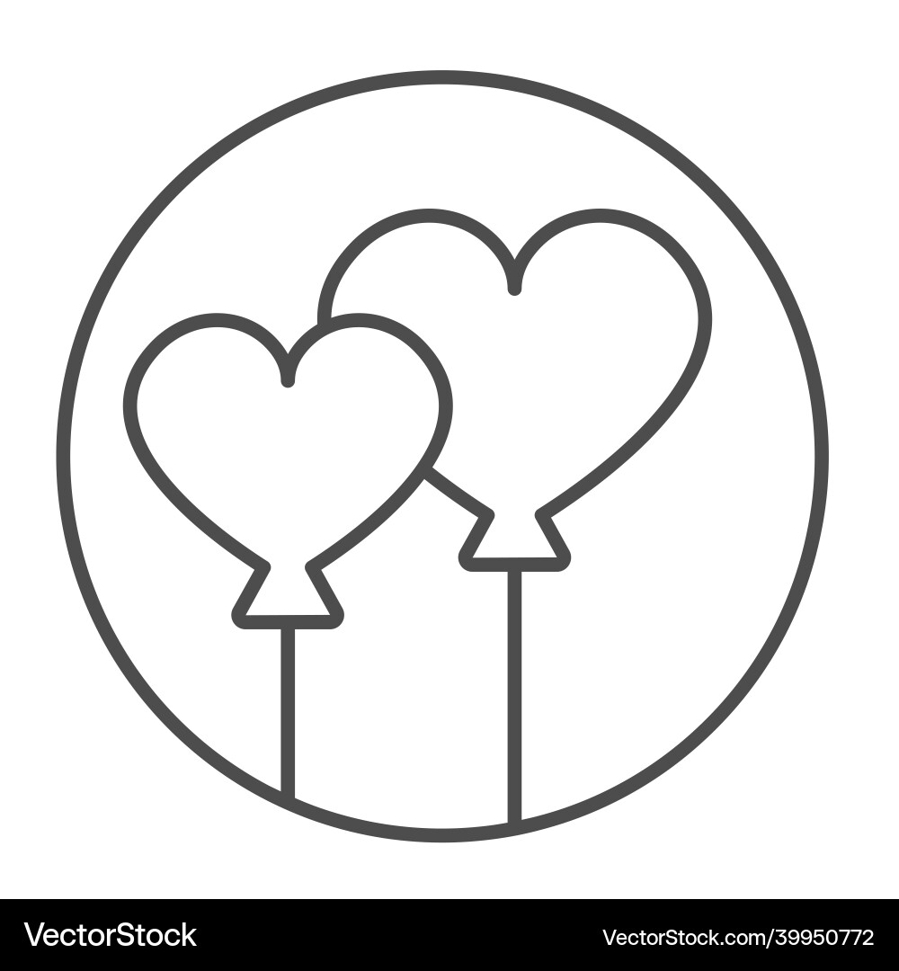 Two heart shaped balloons in circle thin line icon