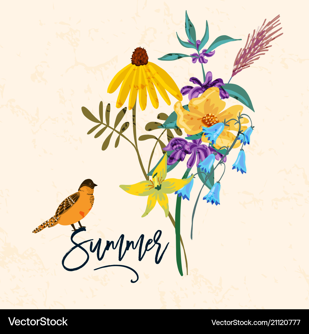 Bird and flowers vintage summer Royalty Free Vector Image