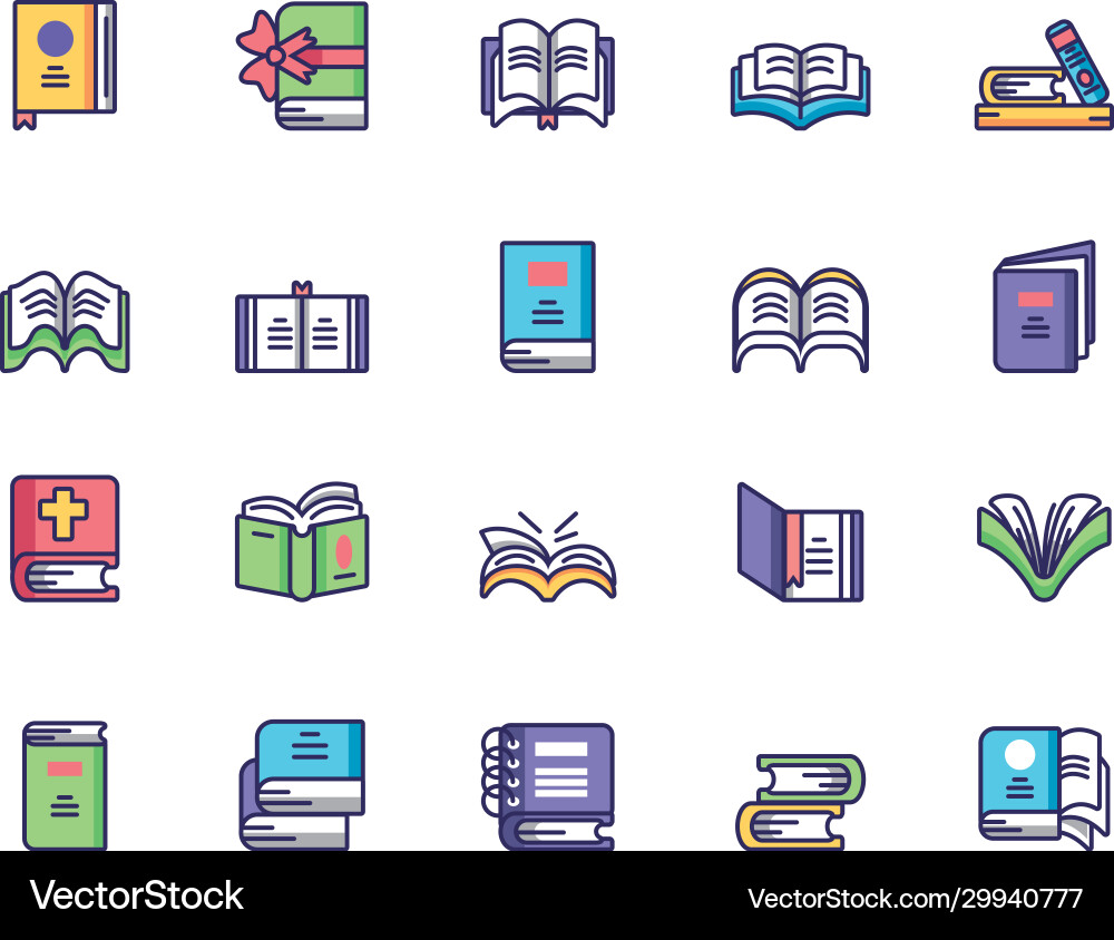 Gift book and icon set line fill Royalty Free Vector Image