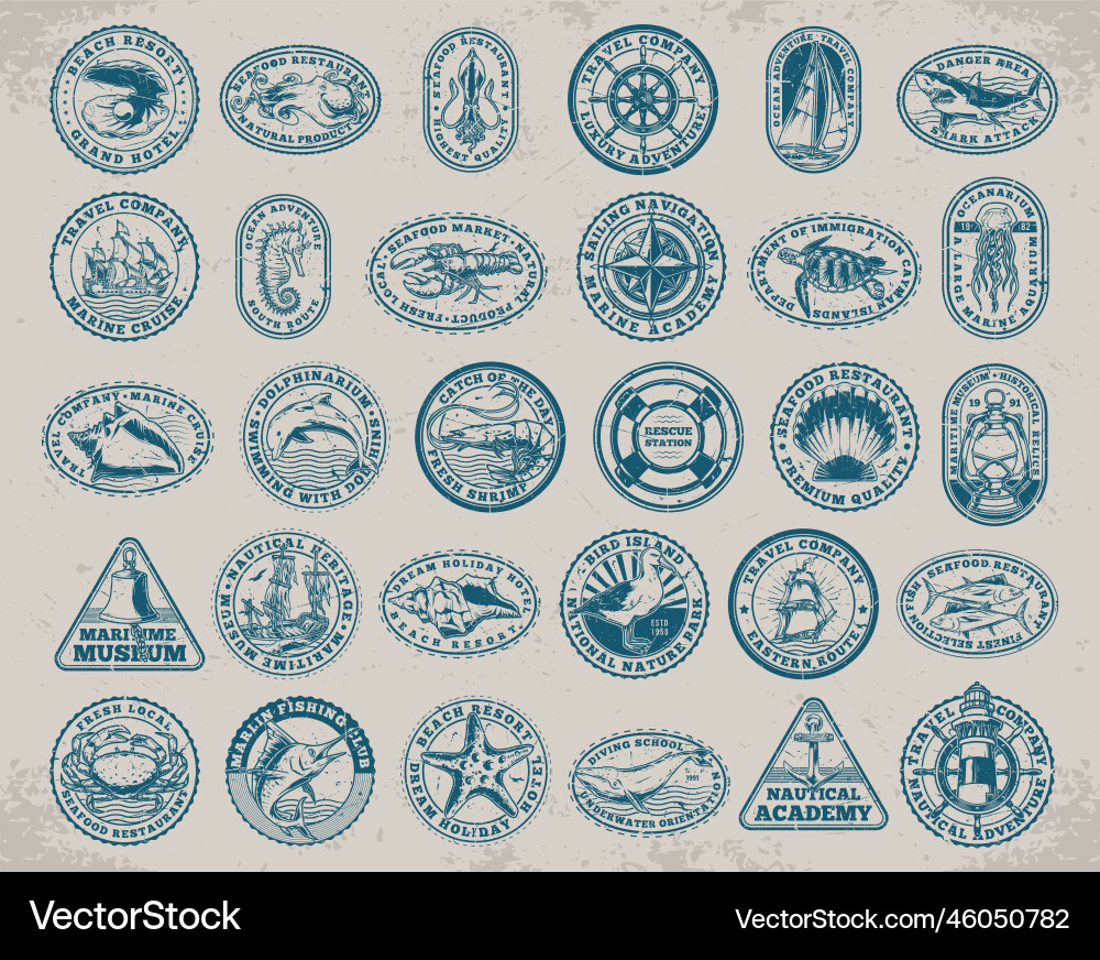 Ocean world stickers set monochrome Royalty Free Vector