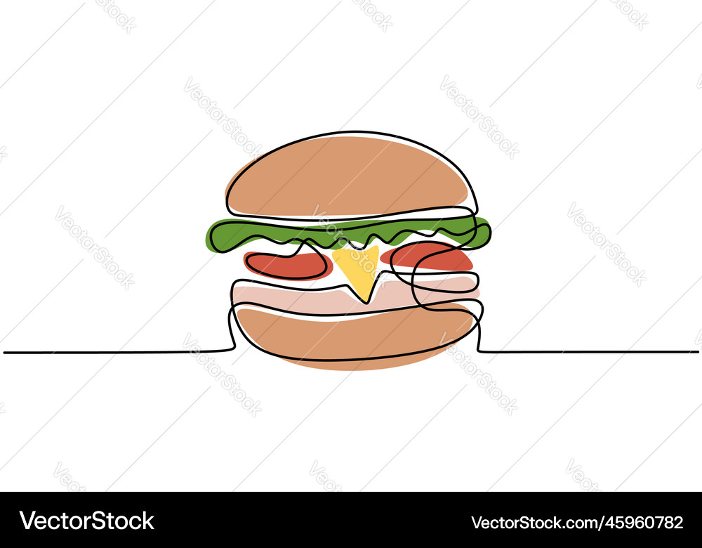 Single continuous line of hamburger big burger Vector Image