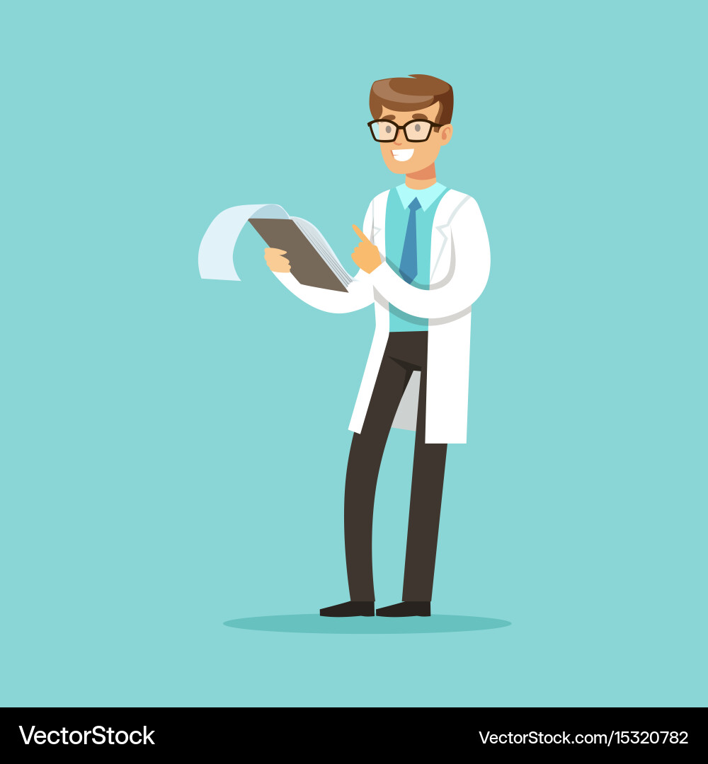 Smiling doctor character standing and reading Vector Image