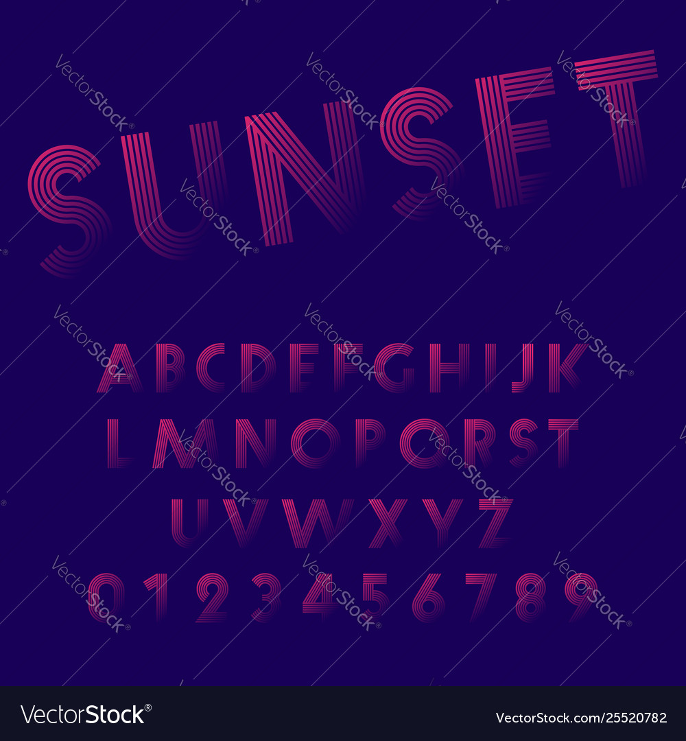 Sunset alphabet font template set letters and Vector Image