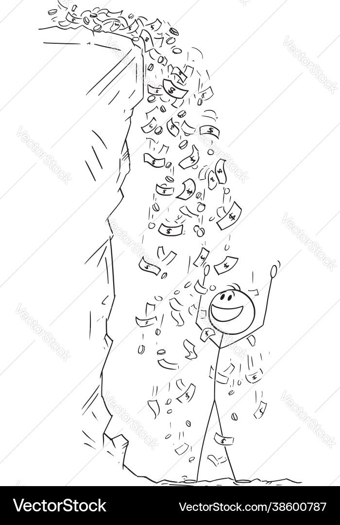 Person enjoying money falling as waterfall Vector Image