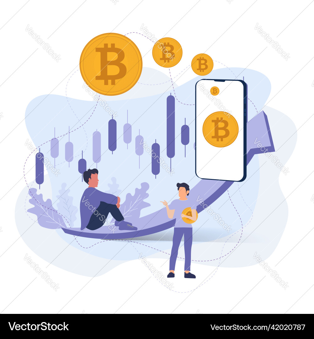 Two men trading on cypto chart holding bitcoins Vector Image