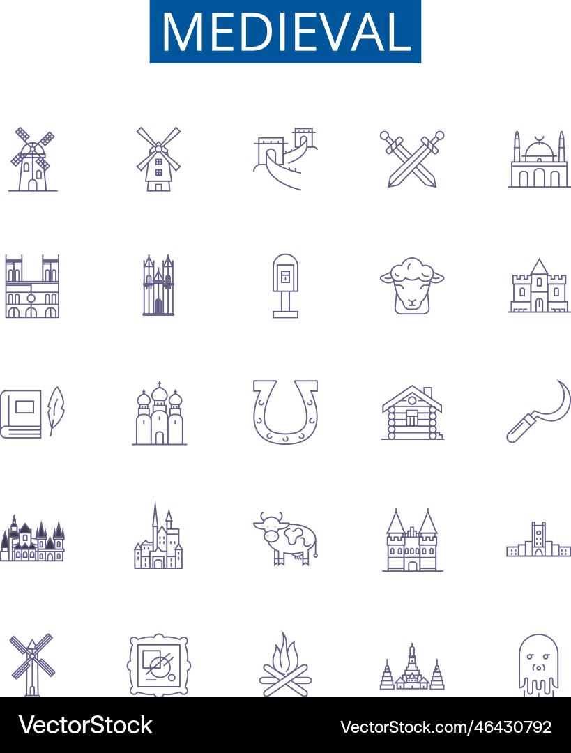 Medieval line icons signs set design collection Vector Image