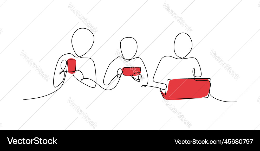 One line drawing of people using modern gadgets Vector Image