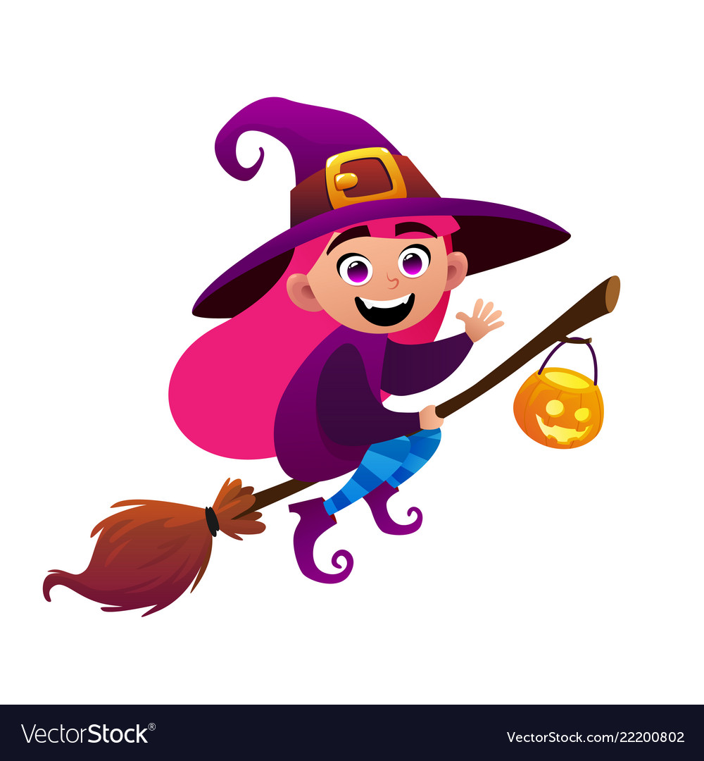 A little witch flies on broom on white background Vector Image