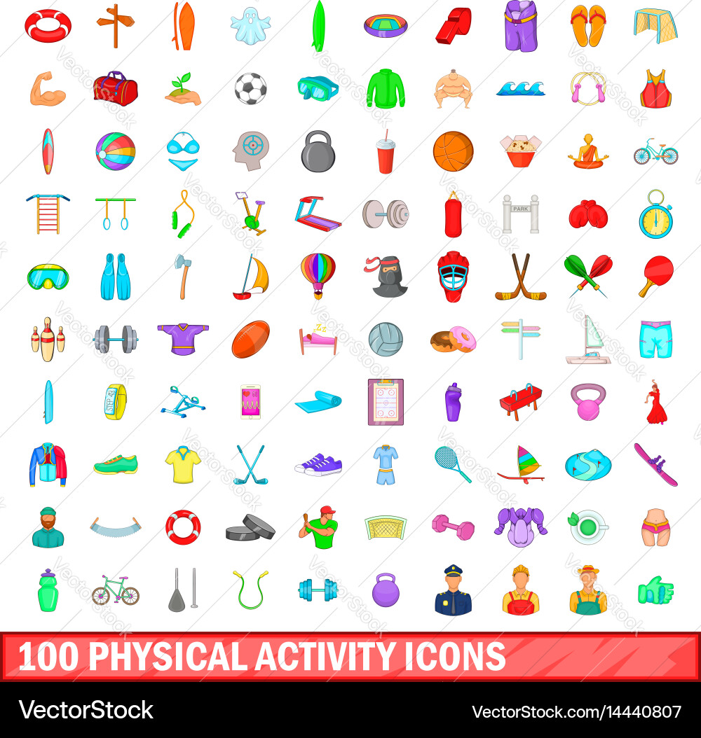 100 phisical activity icons set cartoon style Vector Image