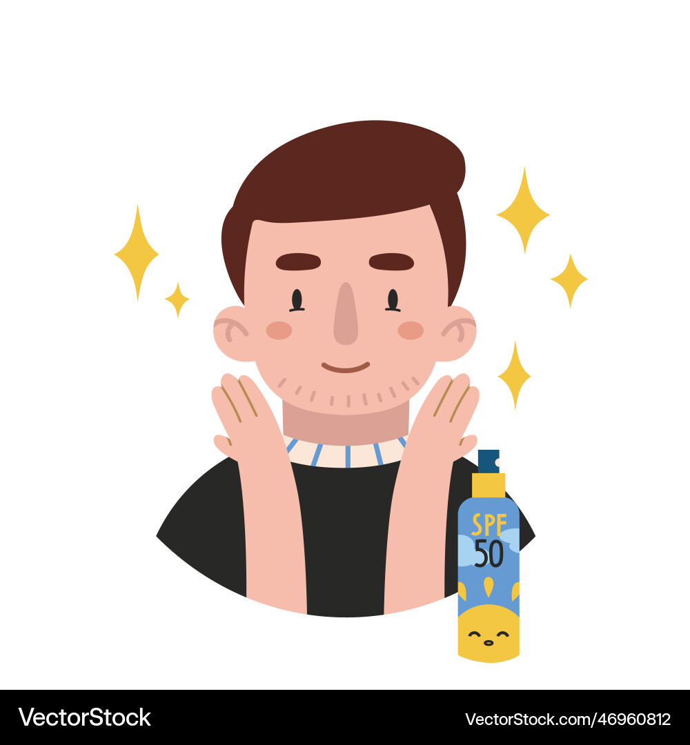Boy applies sunscreen face skin care routine Vector Image