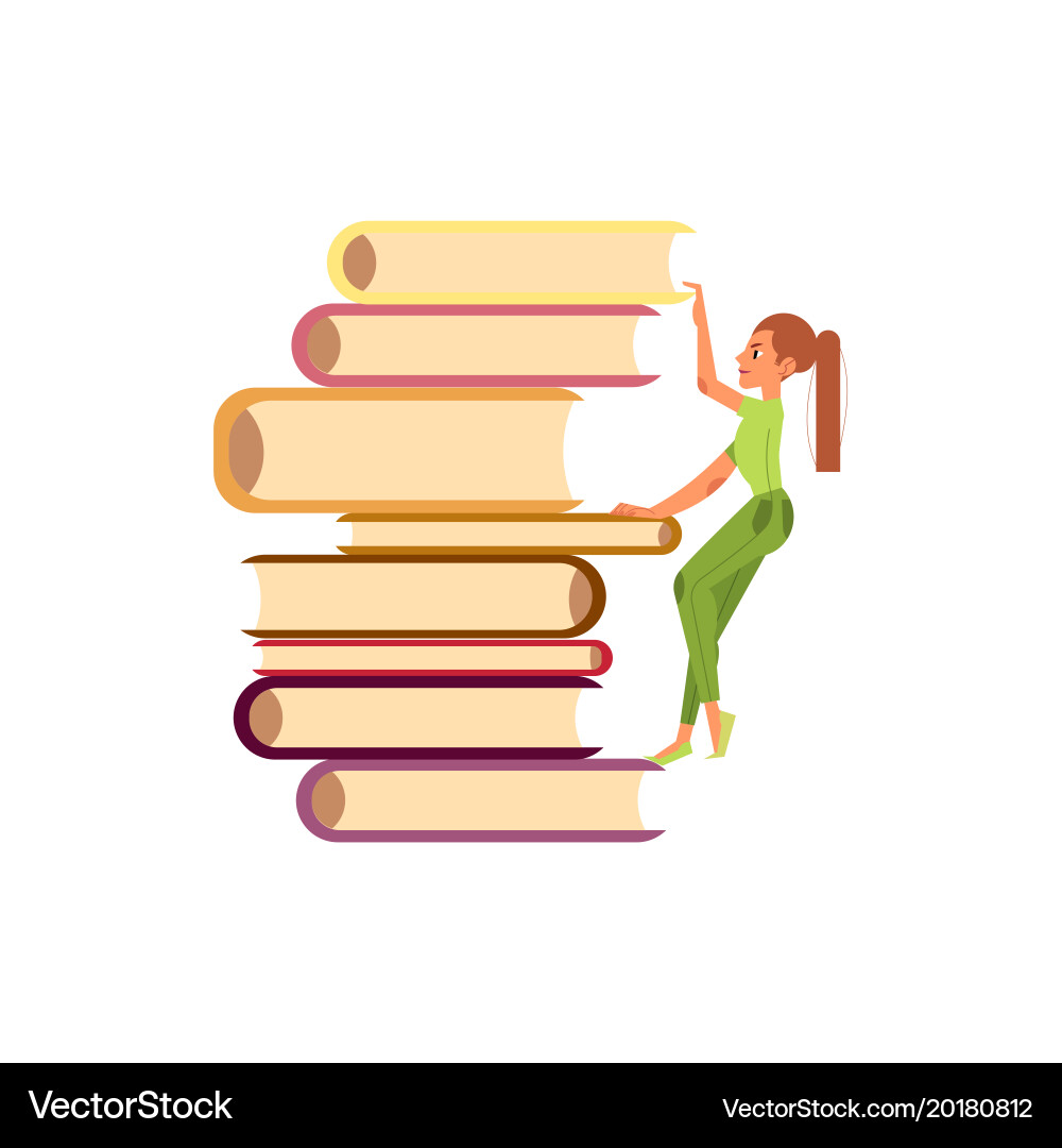 Flat girl climbing books pile Royalty Free Vector Image