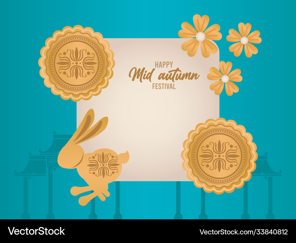 Happy mid autumn lettering card with rabbit Vector Image