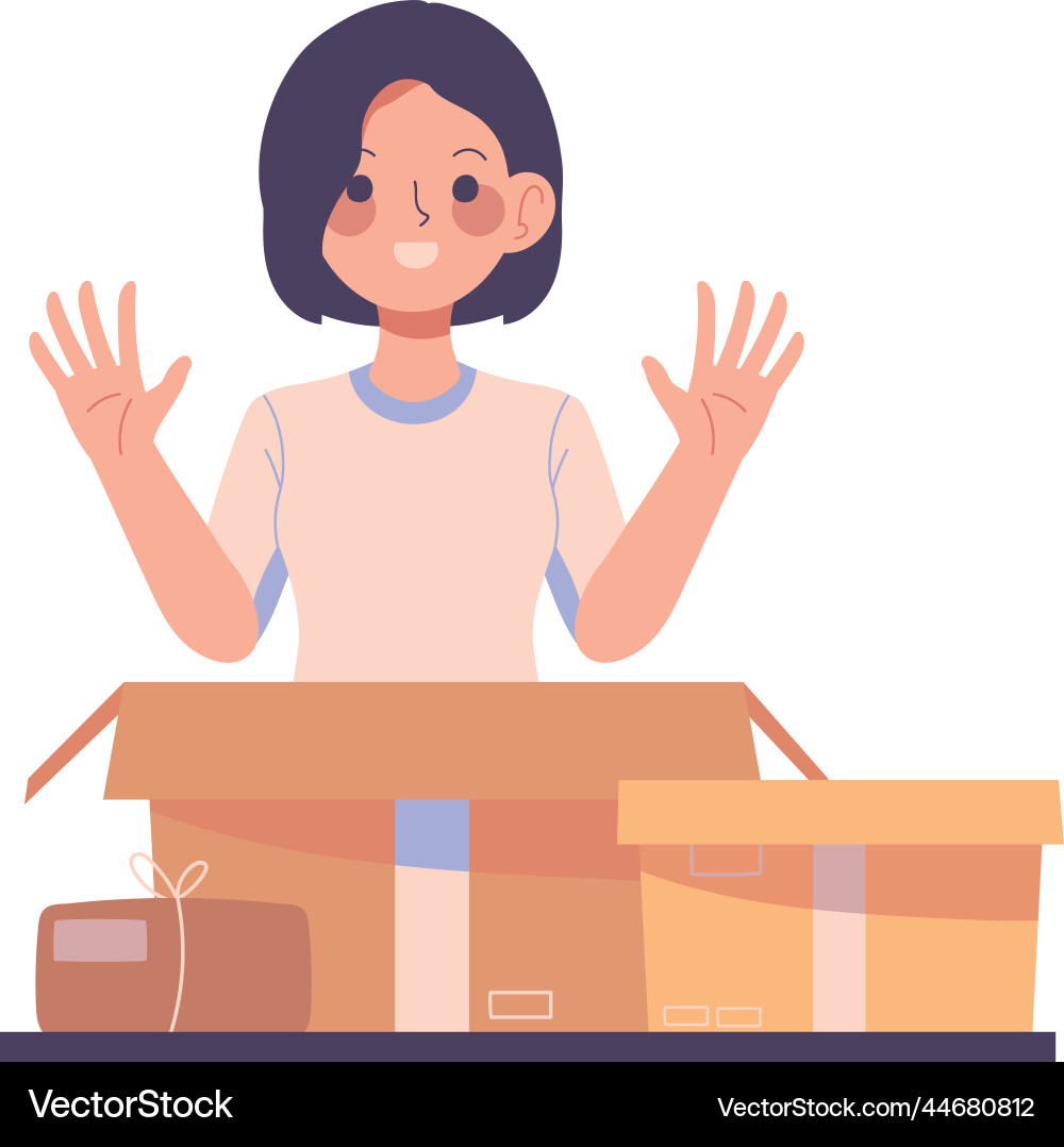 Woman unboxing many boxes Royalty Free Vector Image