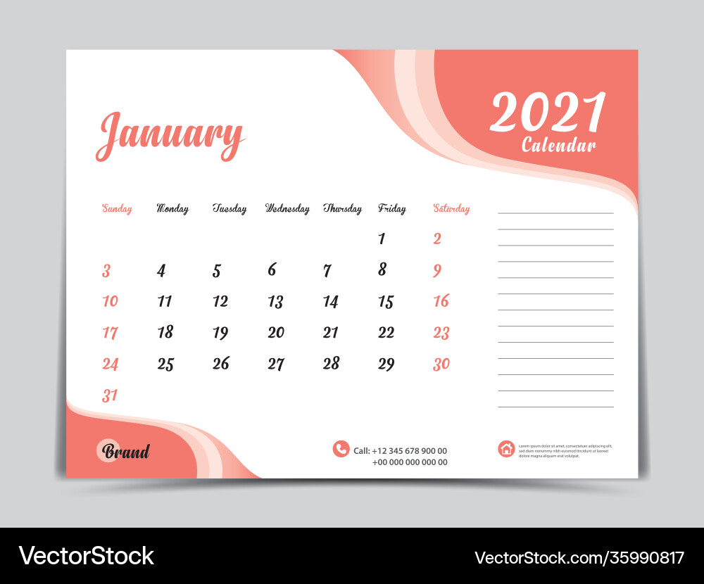Desk calendar 2021 template-january Royalty Free Vector