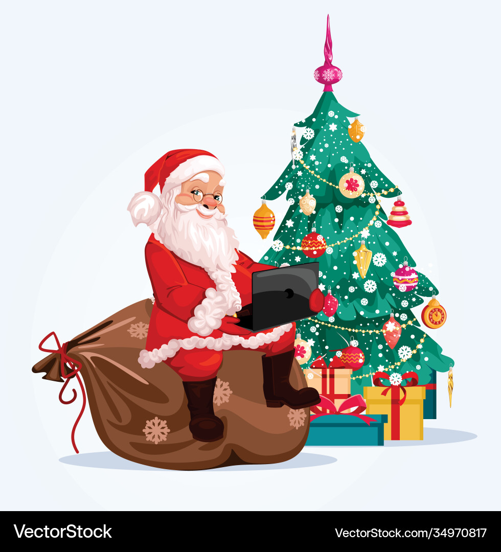 Merry santa claus christmas tree decorated Vector Image