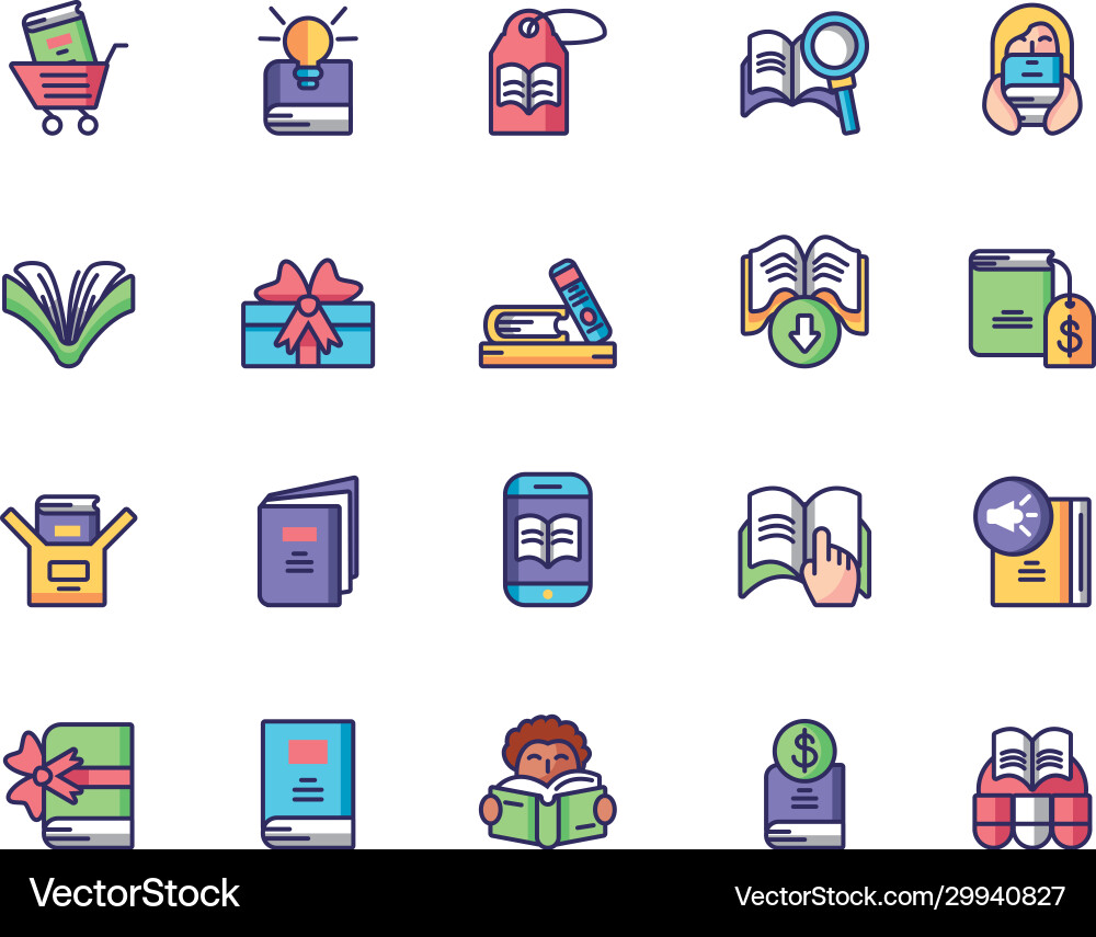 Gift and book icon set line fill style Royalty Free Vector