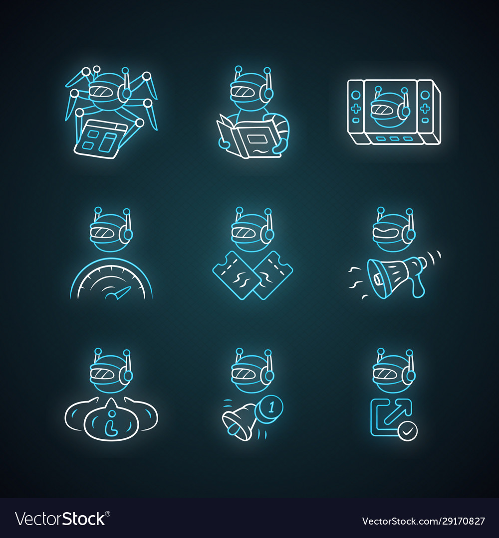 Web robots neon light icons set crawler Royalty Free Vector