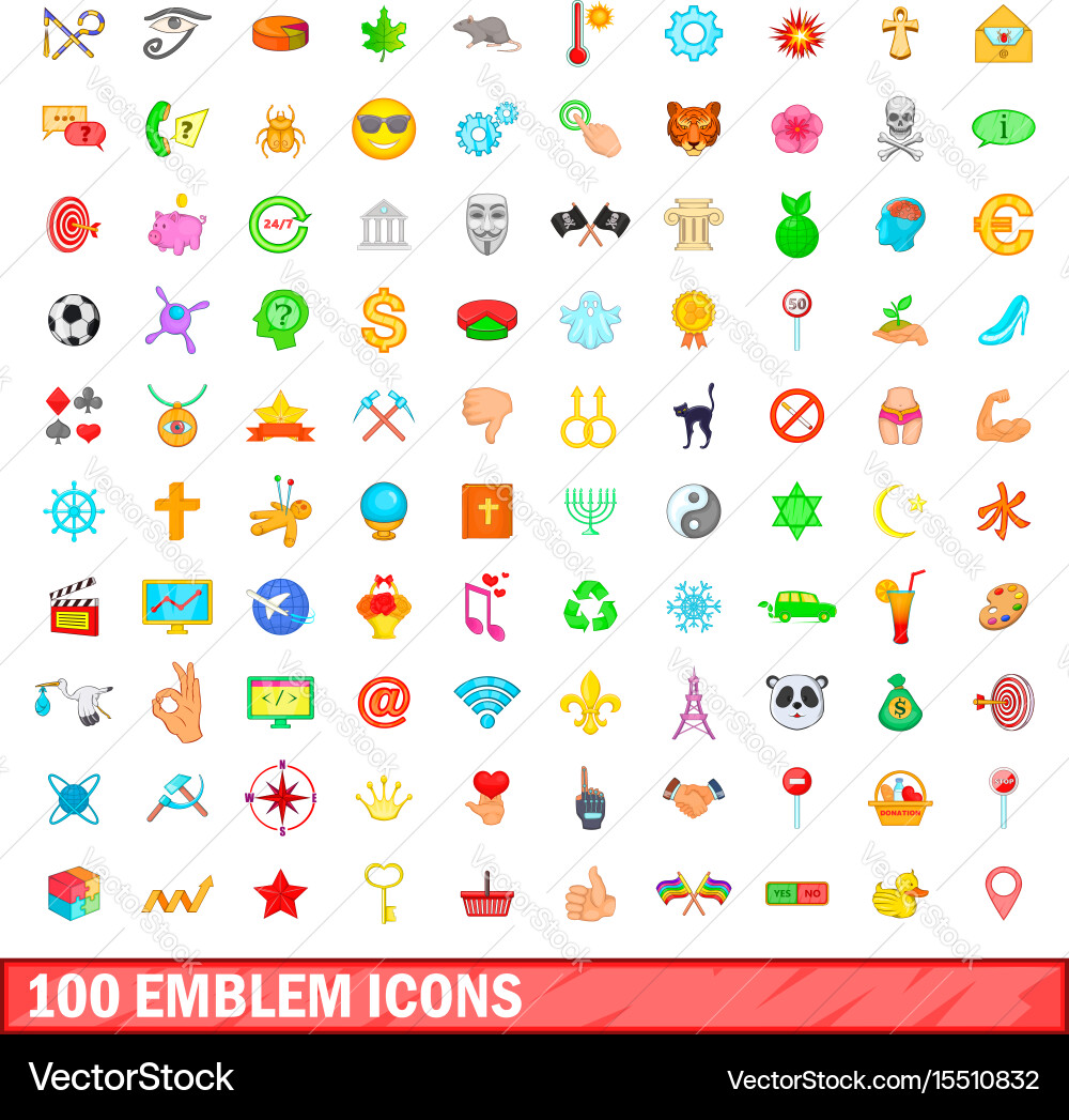 100 emblem icons set cartoon style Royalty Free Vector Image