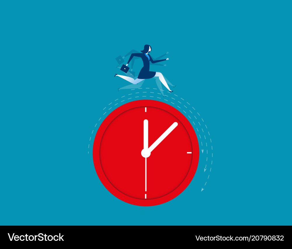Businesswoman running on clock representing Vector Image