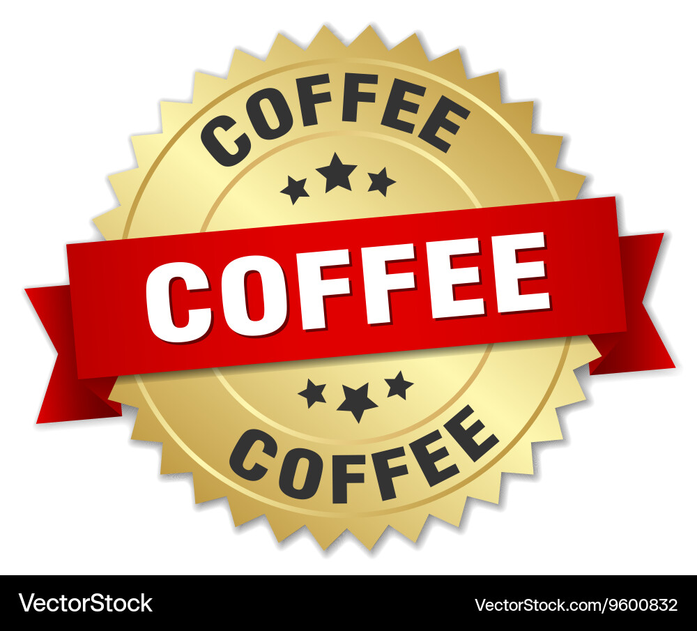 Coffee 3d gold badge with red ribbon Royalty Free Vector