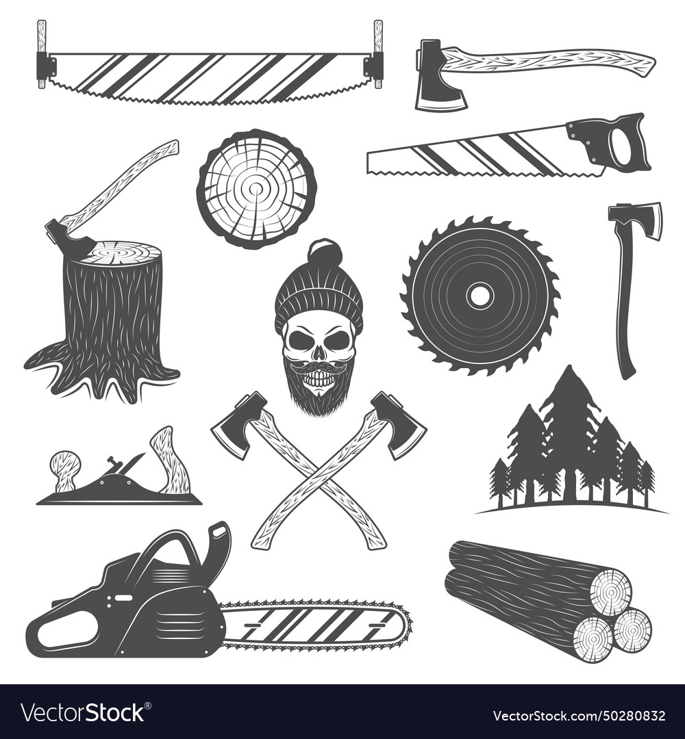 Lumberjack monochrome elements set Royalty Free Vector Image
