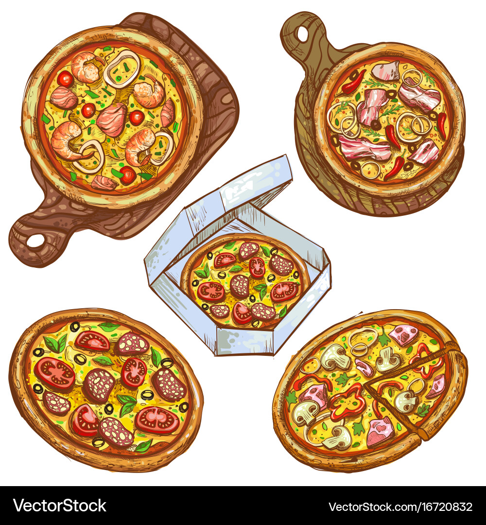 Set of whole pizza and slice Royalty Free Vector Image