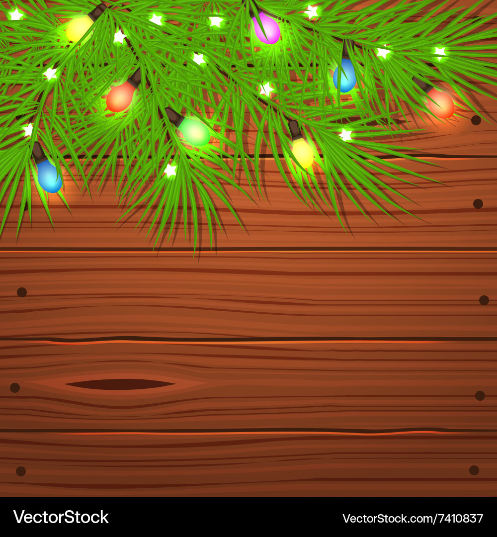 Christmas tree branches and light bulb on wooden Vector Image