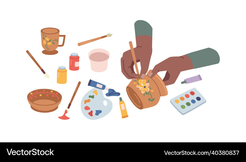 Handmade pottery decoration hands drawing on jug Vector Image