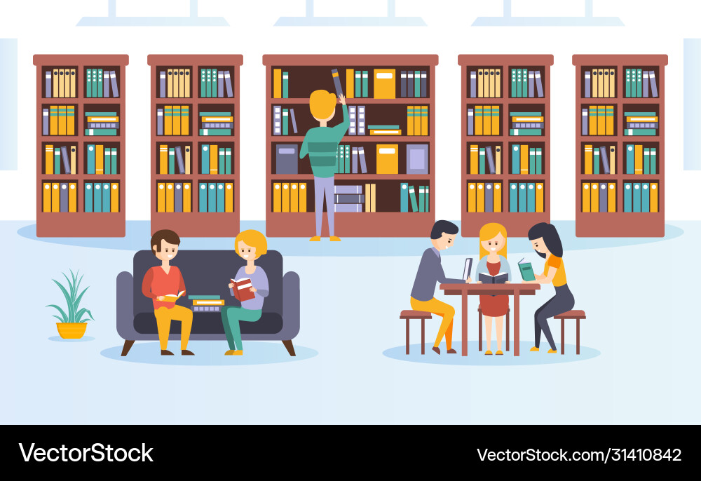 Library interior with bookshelves people choosing Vector Image