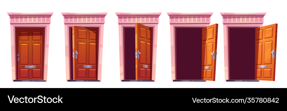 Opening wooden front door with stone frame Vector Image