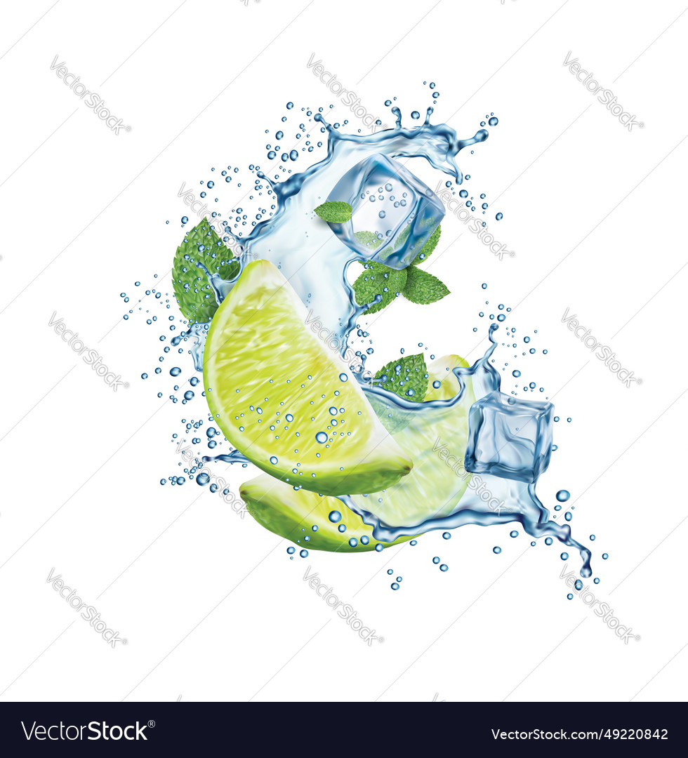 Realistic mojito drink ice cubes lime in splash Vector Image