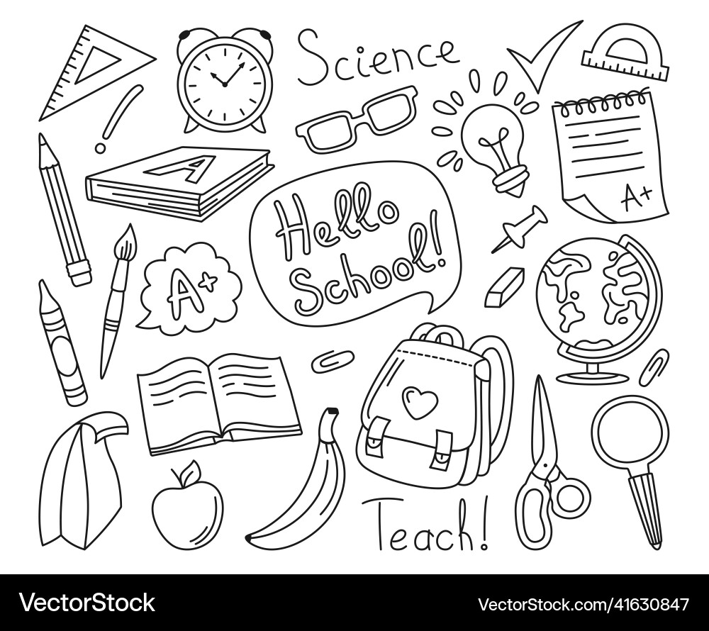 Back to school doodle drawn line set learning Vector Image