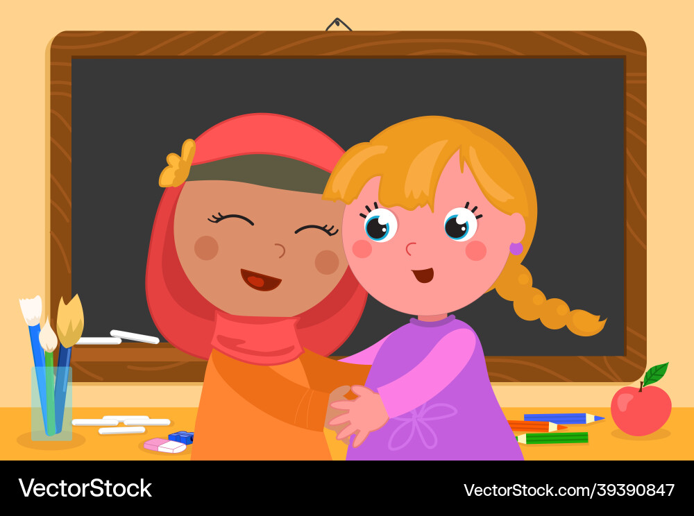 Cartoon school mates hugging each other Royalty Free Vector